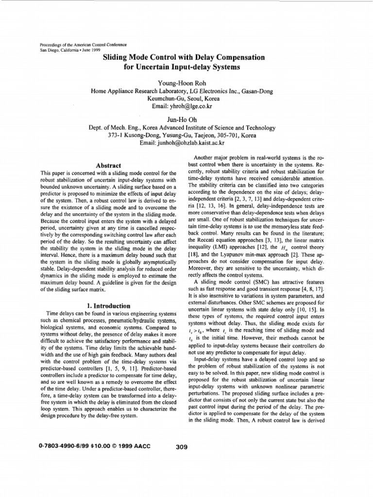 Sliding Mode Control With Delay Compensation for Uncertain Input-Delay Systems | PDF | Stability ...