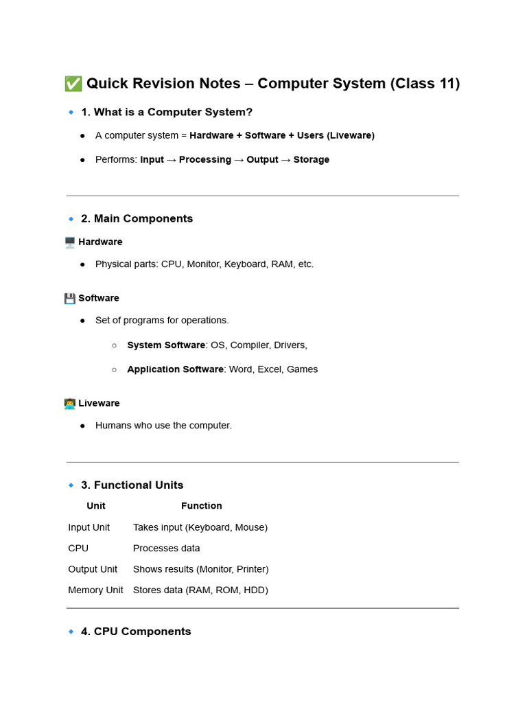 Quick Revision Notes - Computer System (Class 11) | PDF