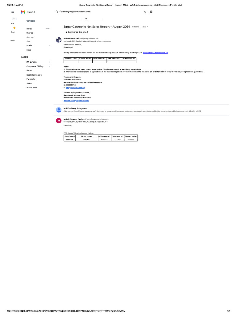 Sugar Cosmetic Net Sales Report - August 2024 | PDF