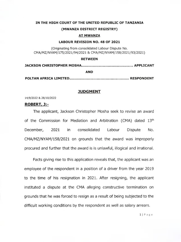 Jackson Christopher Mosha Versus Poltan Africa Limited | PDF | Employment | Salary