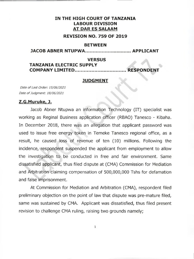 Jacob Abner Ntupwa Versus Tanzania Electric Supply Company Limited ...