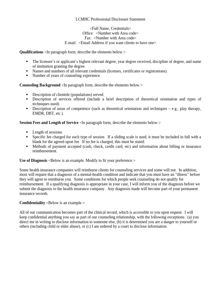 LCMHC Counseling Disclosure Template | PDF | Medical Diagnosis | Insurance