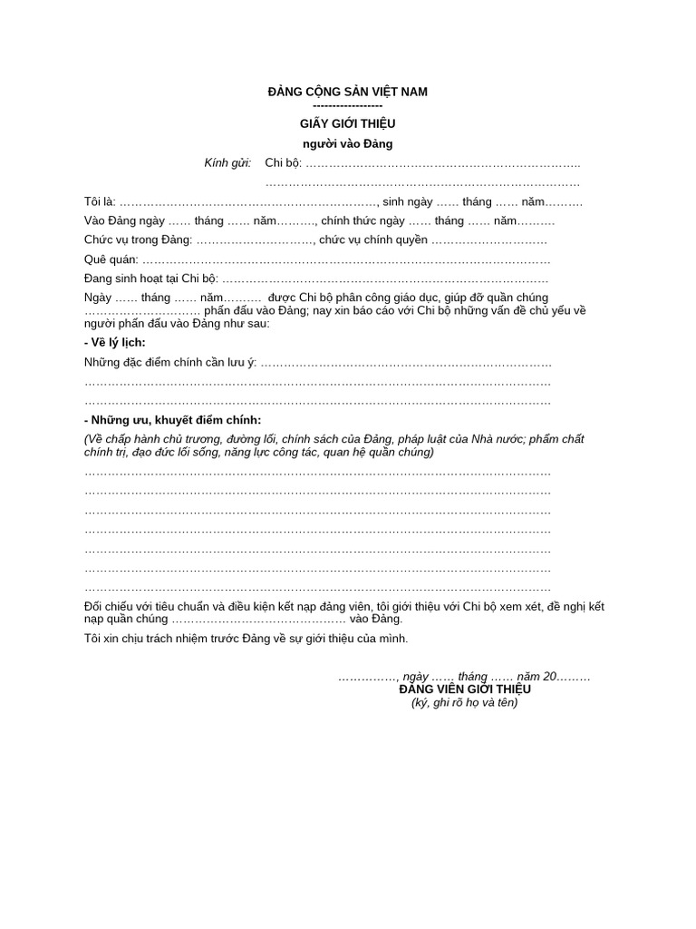 Mau Giay Gioi Thieu Nguoi Vao Dang | PDF