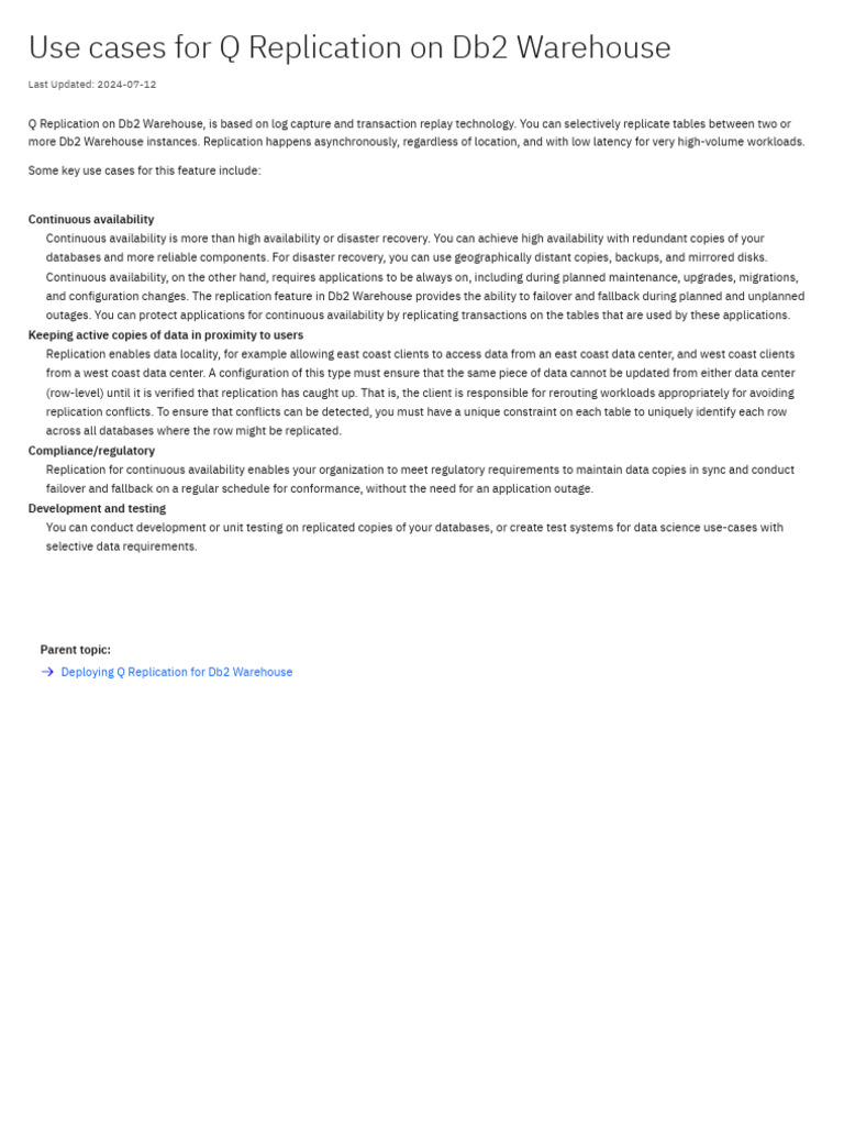 IBM Db2 Warehouse - Use Cases For Q Replication On Db2 Warehouse | PDF