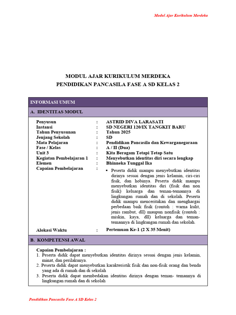 Modul Ajar PPKN Kelas 2 - BAB 3 | PDF