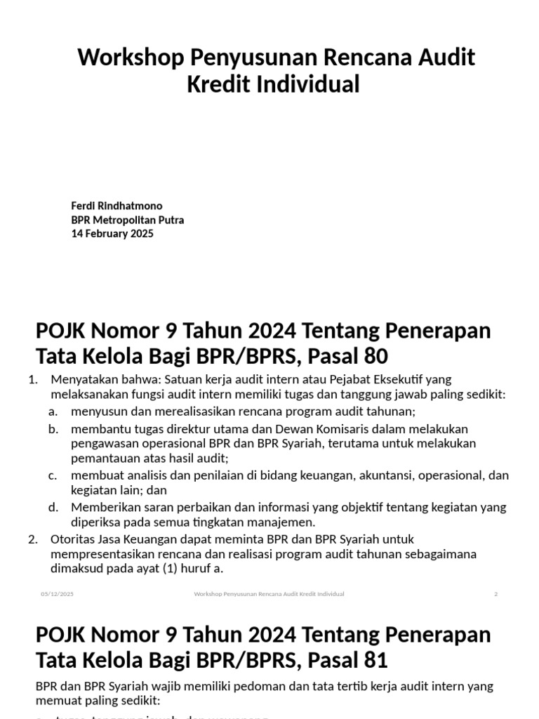 Workshop Penyusunan Rencana Audit Kredit Individual 2025 02 14 | PDF