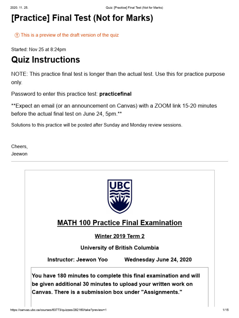 UBC MATH 100 2019 Practice Final Exam | PDF | Derivative | Tangent