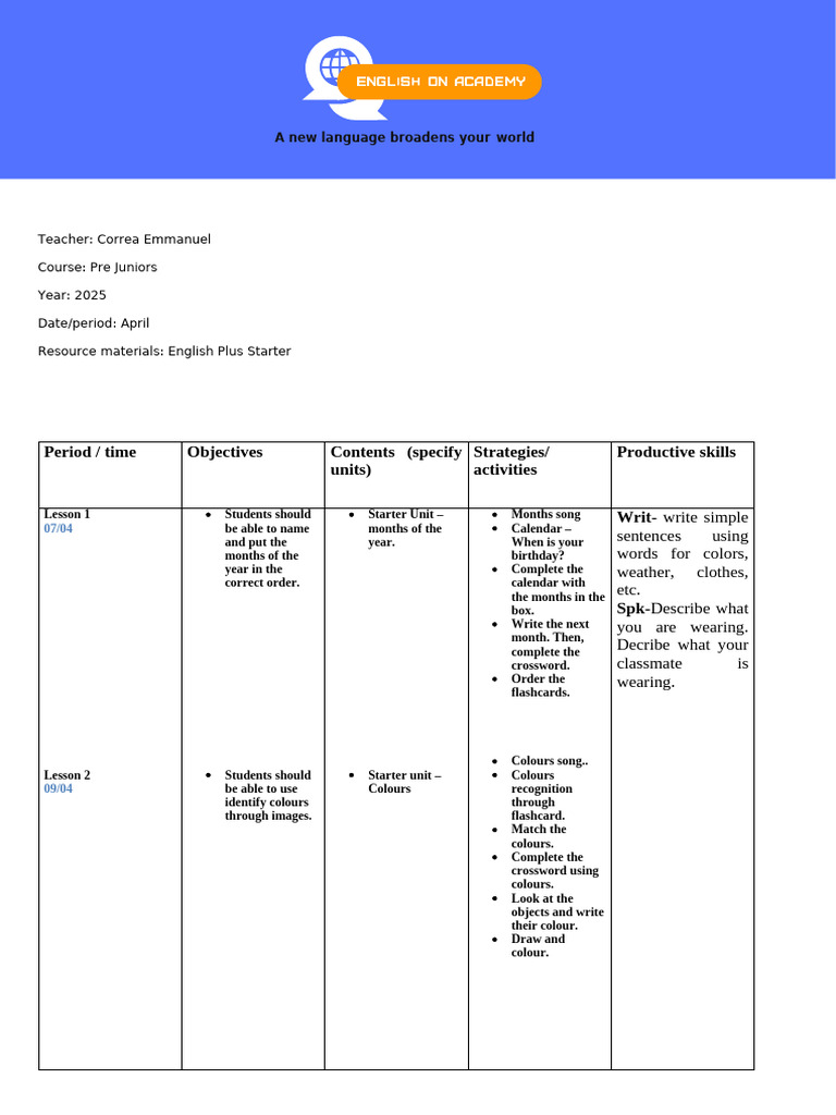 Pre Junior English Lessons Plan 2025 | PDF | Learning | Linguistics