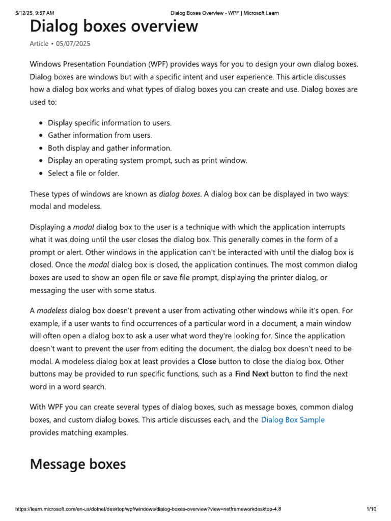 Dialog Boxes WPF | PDF