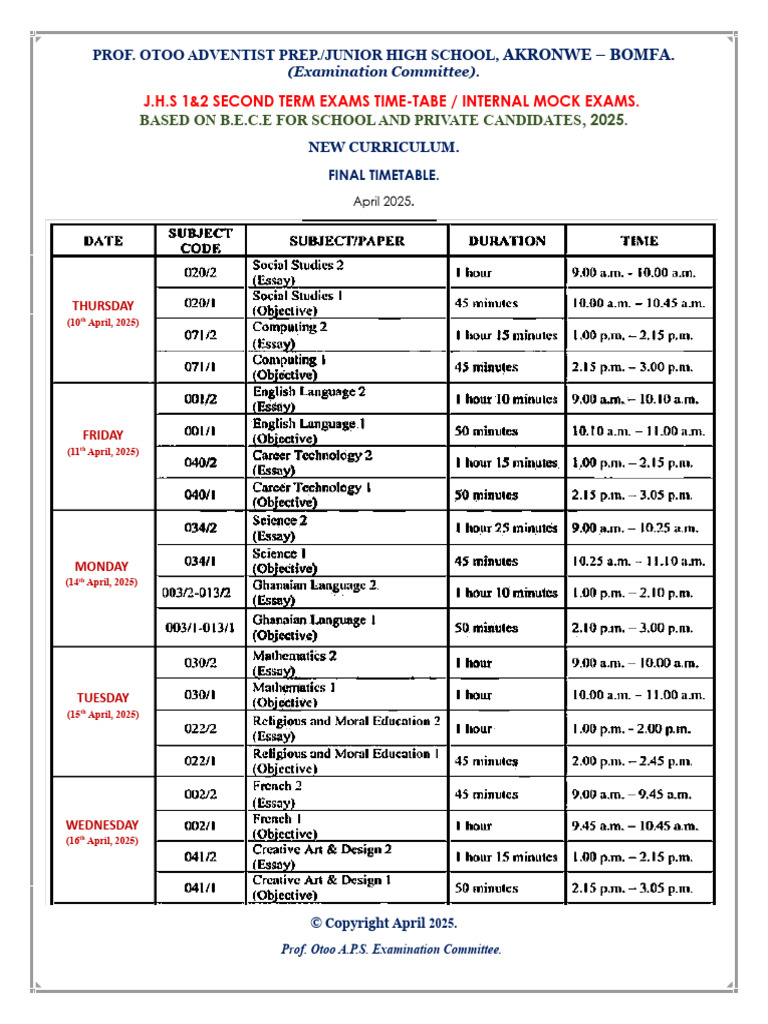 JHS 1&2 Second Term Exam Timetable | PDF