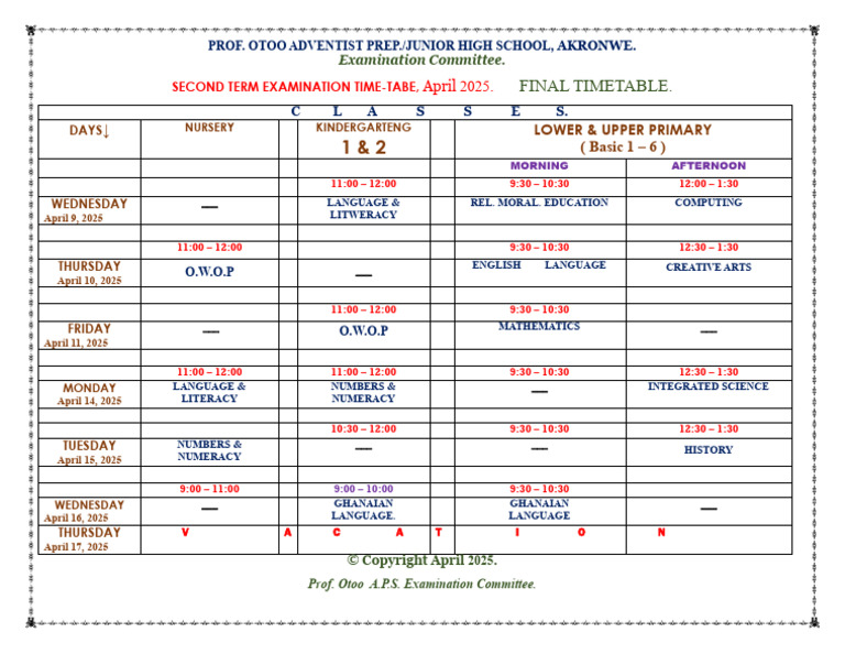 JHS Second Term Exam Timetable 2025 | PDF