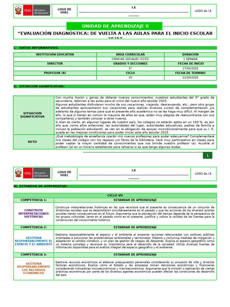 CCSS 5° - Unidad de Aprendizaje 0 2025 | PDF | Aprendizaje | Sustentabilidad