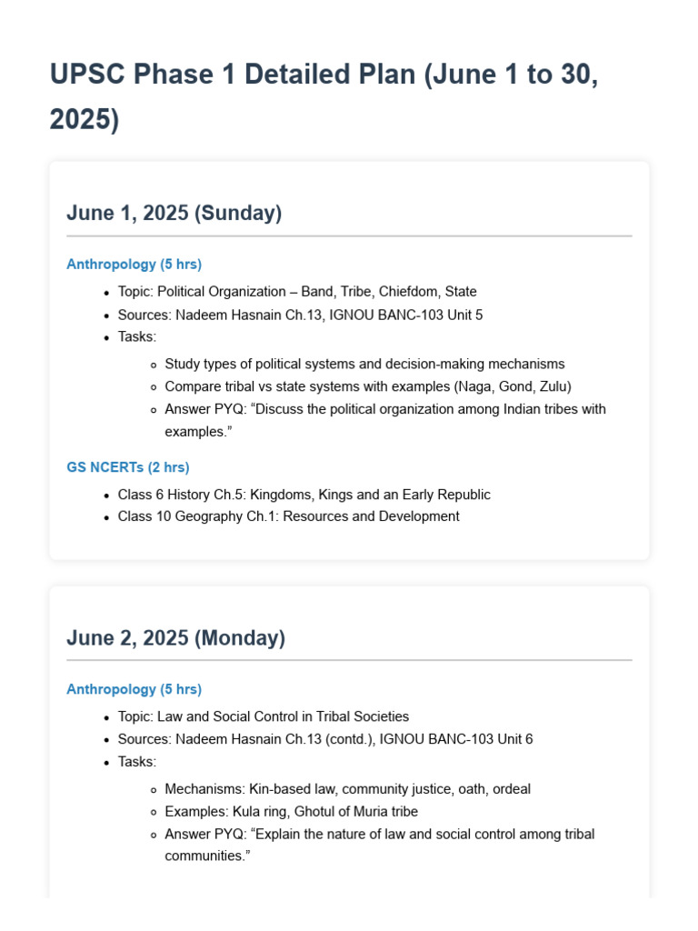 UPSC Phase 1 Plan - June 1 To 30, 2025 | PDF | Race (Human Categorization) | Ethnicity