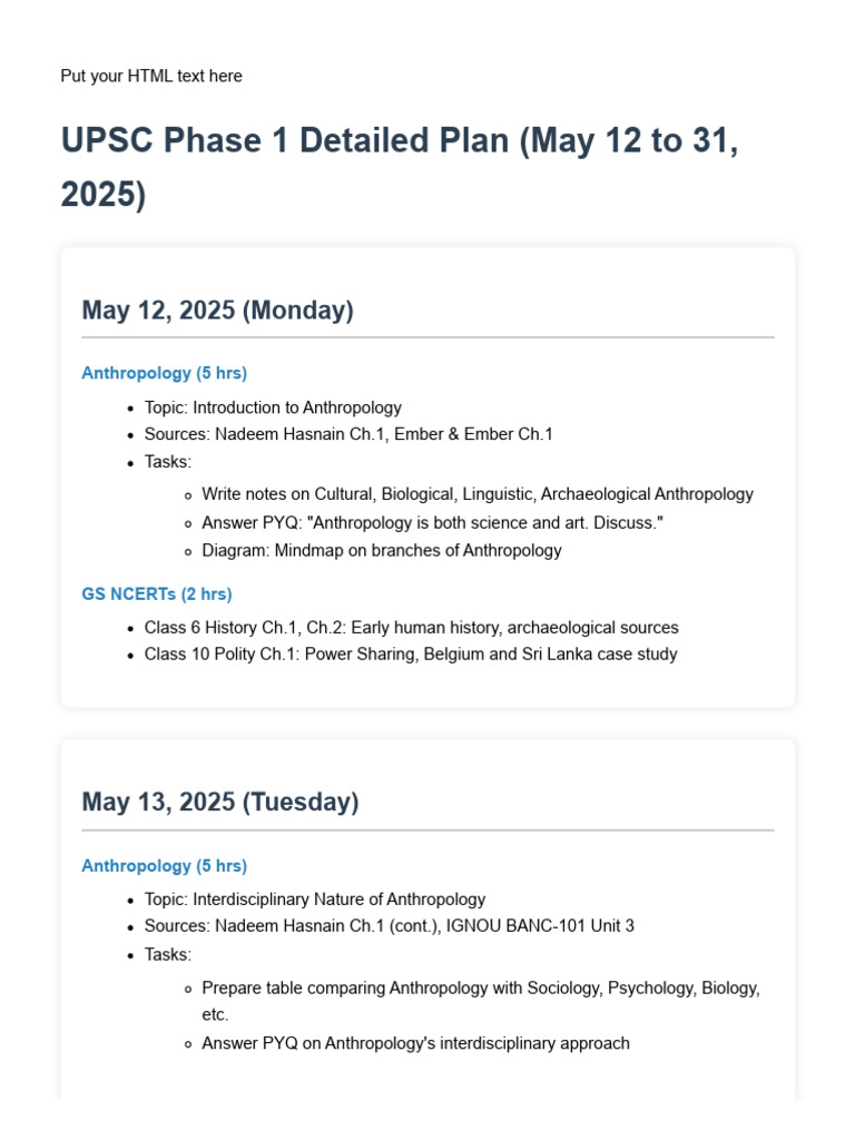 UPSC Phase 1 Plan - May 12 To 31, 2025 | PDF | Homo | Kinship
