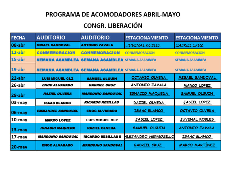 Programa de Acomodadores Abril - Mayo 2025 | PDF