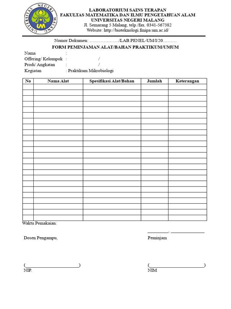 Form Peminjaman Alat Bahan Praktikum Mikrobiologi | PDF