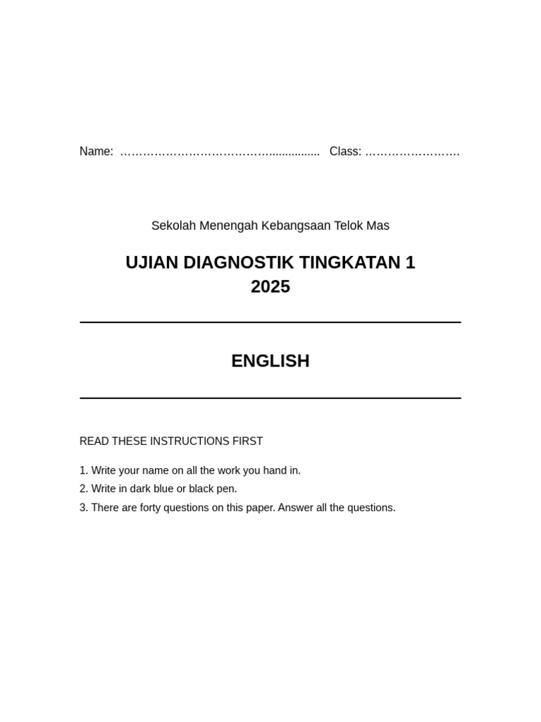 Diagnostic Exam Paper for Form 1 English | PDF