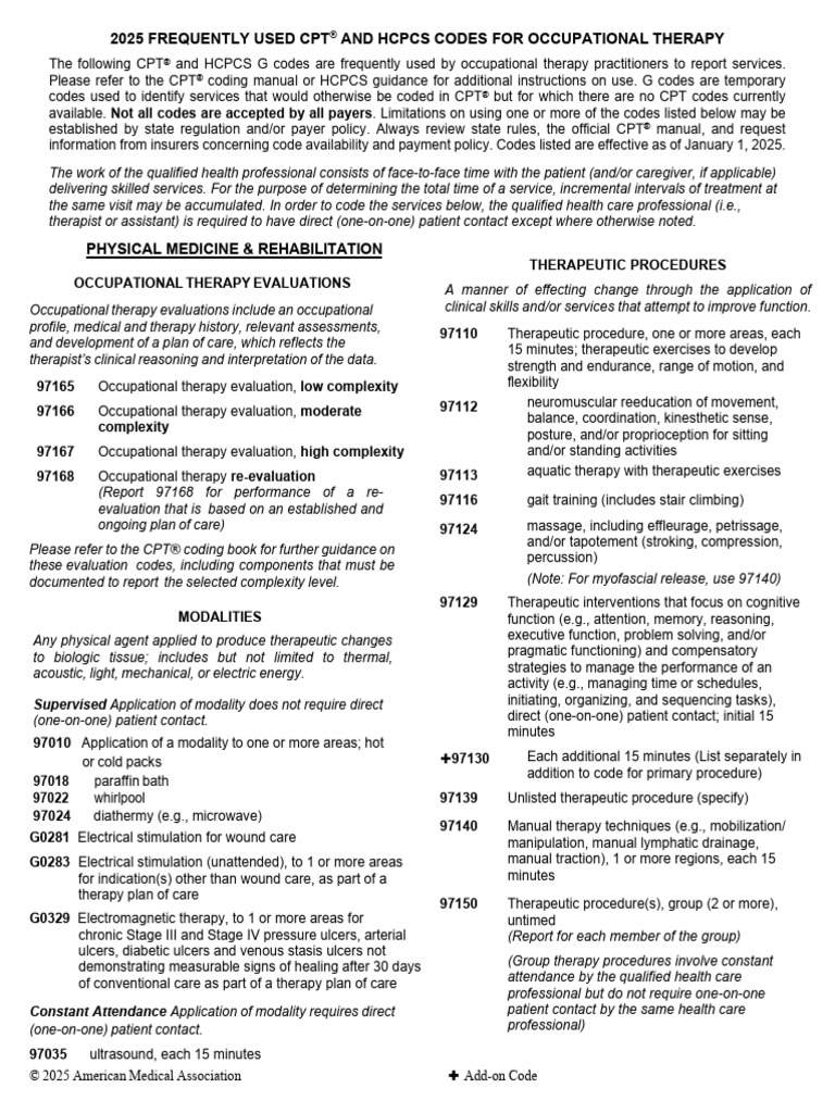 2025 Frequently Used OT CPT and HCPCS Codes | PDF | Occupational ...