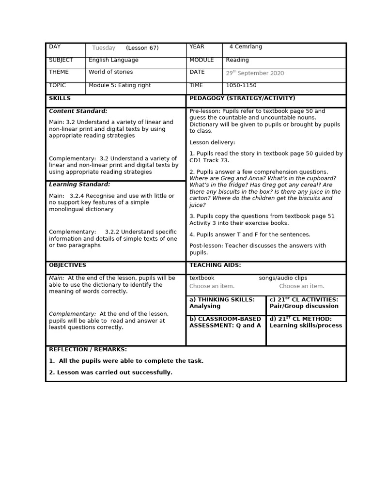 Cikgu Didi Observe (Yr4C, 29sep, 1050-1150) | PDF | Reading Comprehension | Cognitive Science