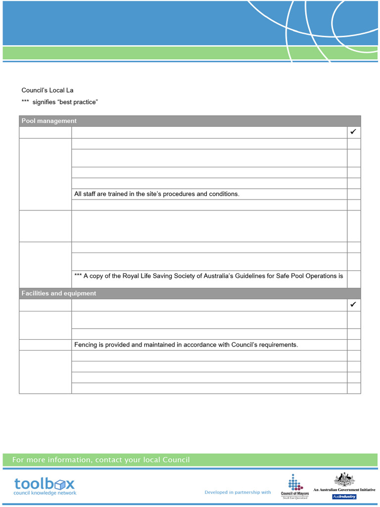 Commercial Swimming Pools Operator Self Assessment Checklist | PDF ...