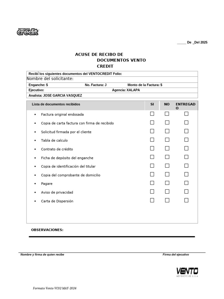 Acuse de Recibo de Documentos Vento Credit | PDF