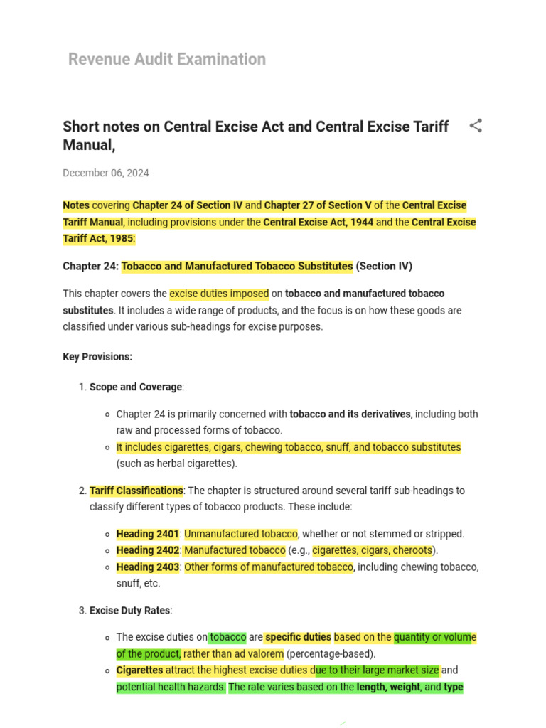Short Notes On Central Excise Act and Central Excise Tariff Manual ...