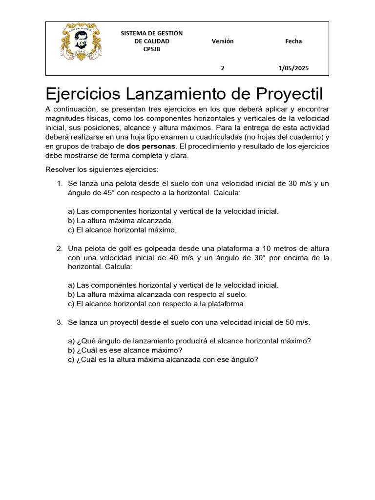Ejercicios Lanzamiento de Proyectil | PDF