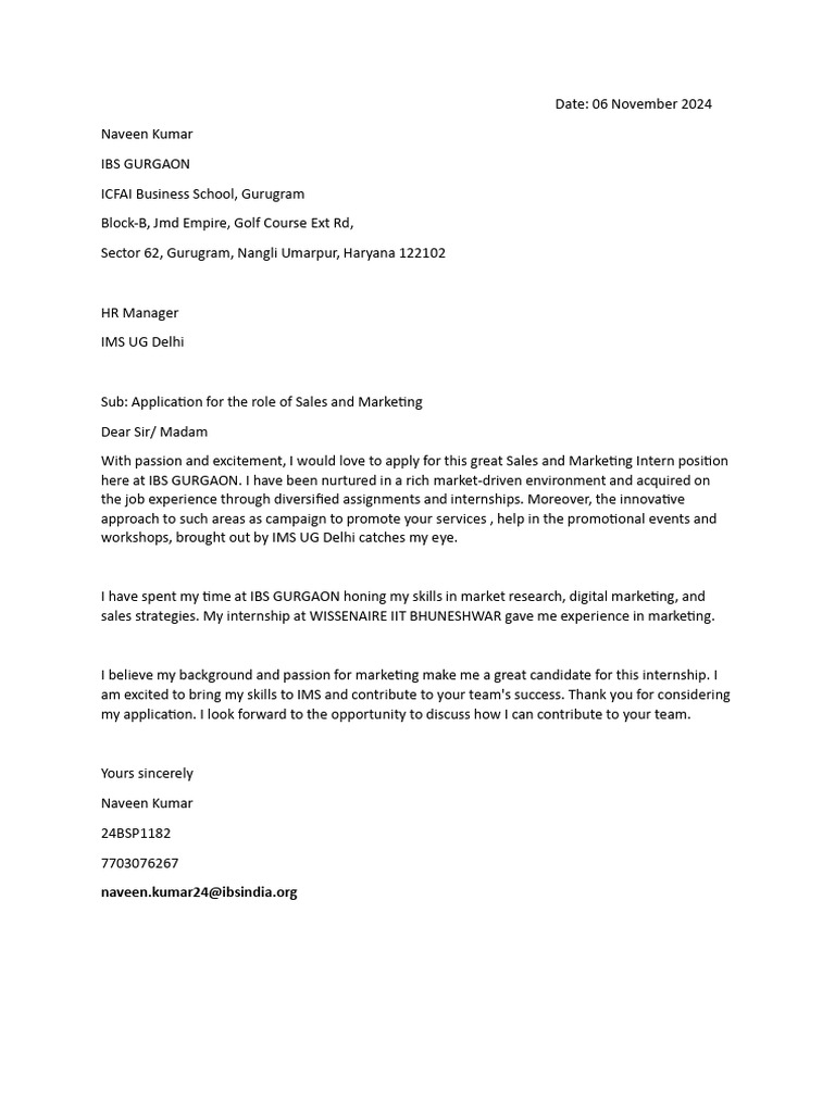 Naveen Kumar Cover Letter | PDF