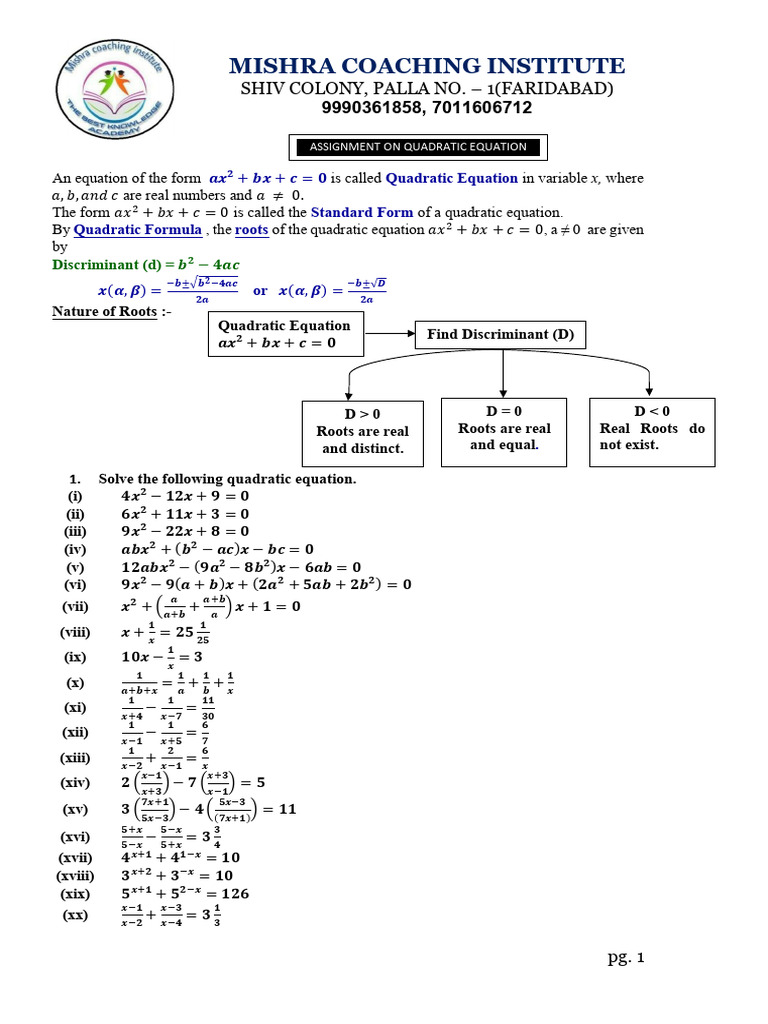 Assignment On Quadratic Equation | PDF | Quadratic Equation | Equations