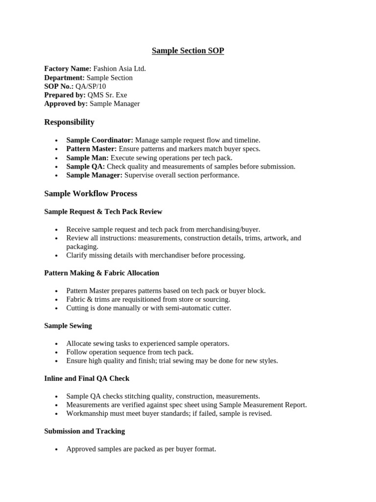 Garments Sample Section SOP | PDF | Sewing