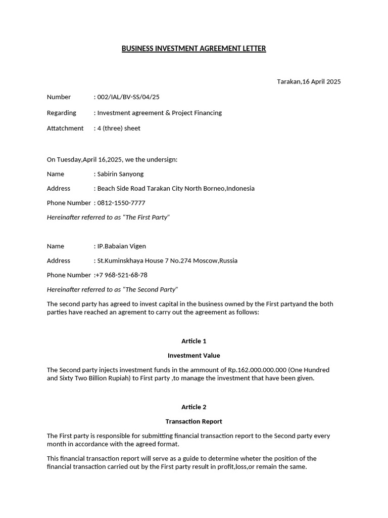 BUSINESS INVESTMENT LETTER | PDF | Indonesian Rupiah | Business