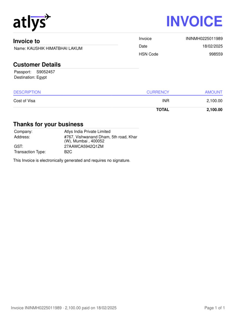 1.atlys - Invoice - 1 Egypt 3rd Time | PDF