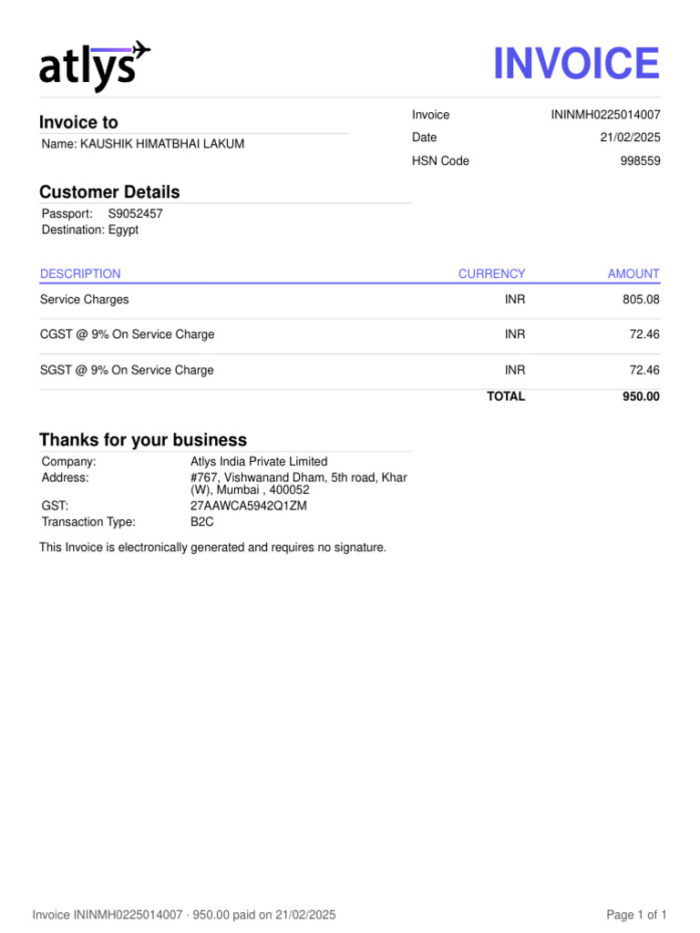 1.atlys - Invoice - 2 Egypt 3rd Time | PDF