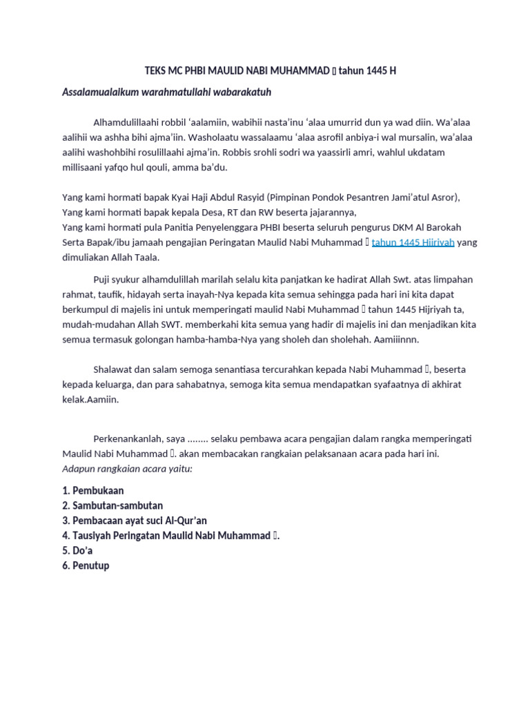 TEKS MC Acara Maulid Nabi SAW 1445 2023 | PDF