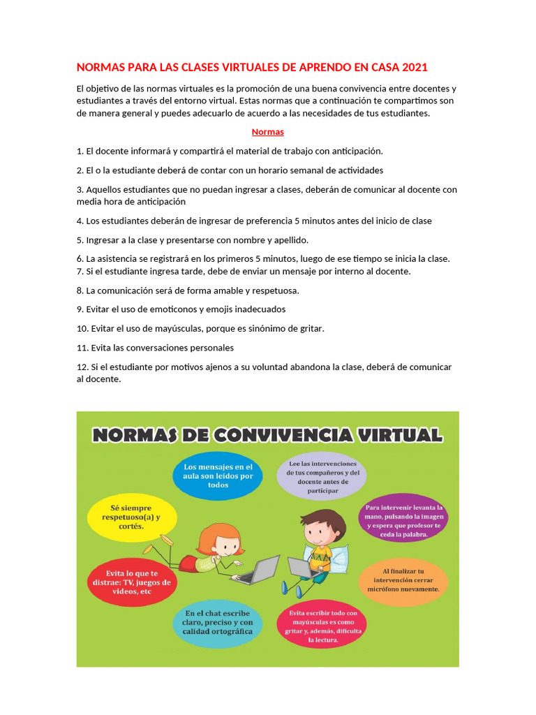 Normas Clases Virtuales Aprendo en Casa 2021 | PDF