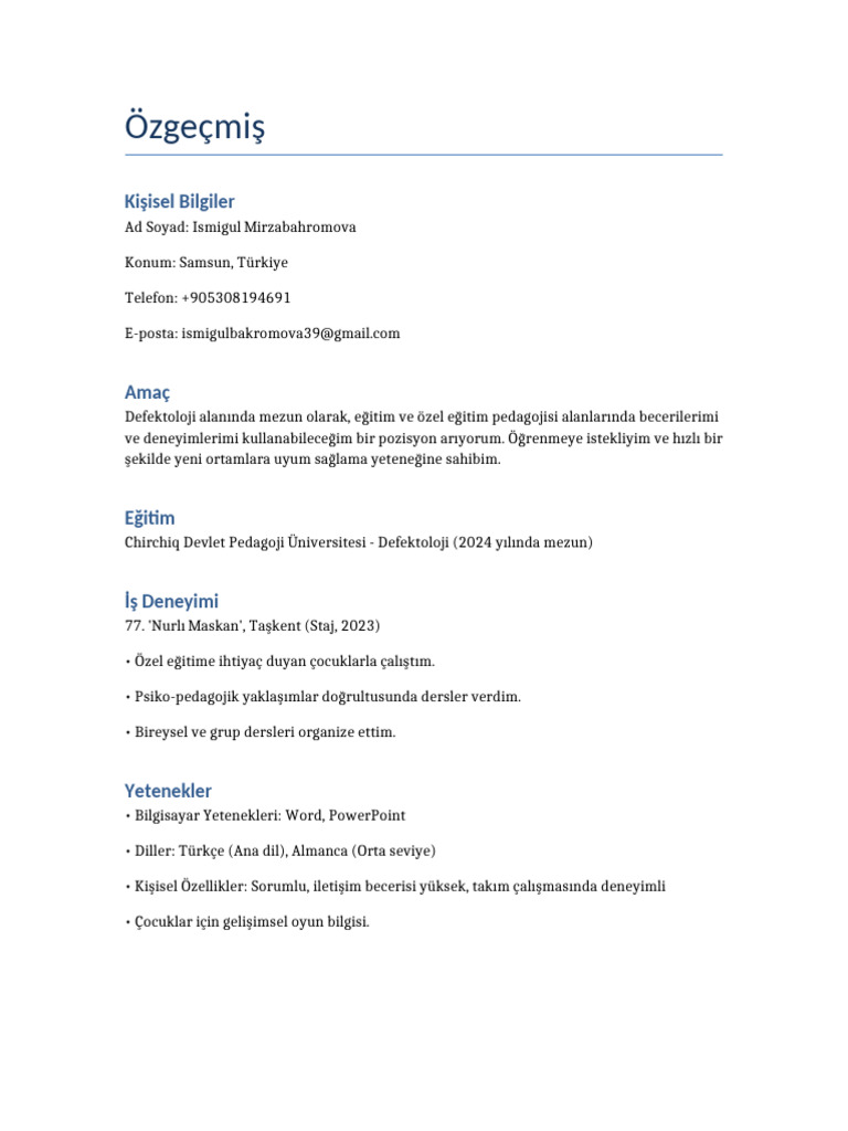 Ismigul Mirzabahromova CV Turkish | PDF