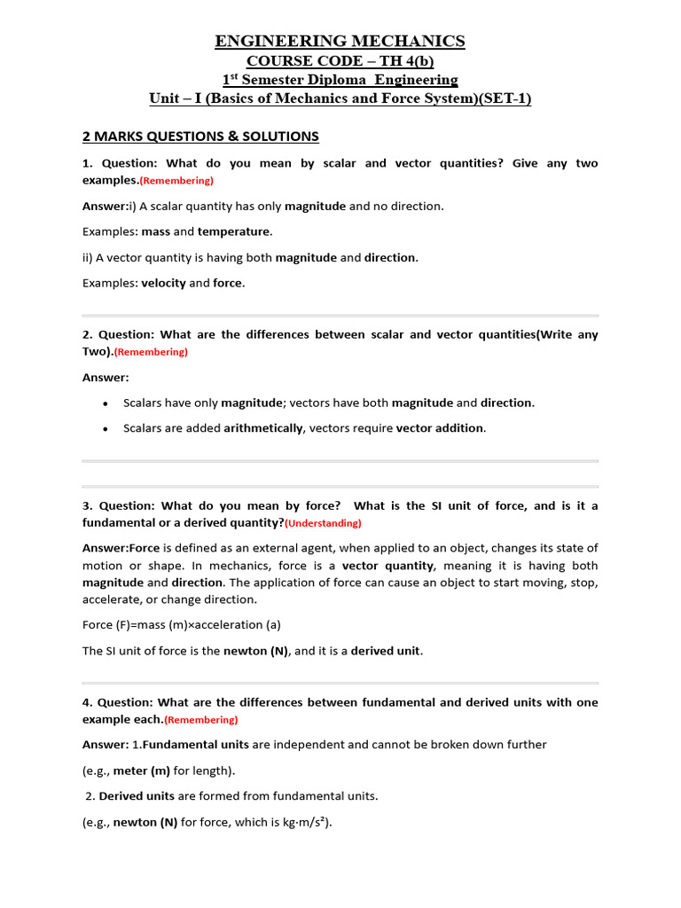 New REVISED ENGINEERING MECHANICS UNIT-I (SET-1) | PDF | Force | Euclidean Vector