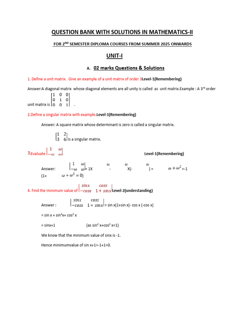 Mathematics Ii 2nd Sem Question Bank Solutions Pdf Determinant