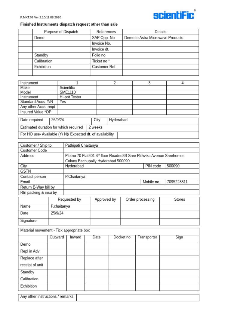 F-MKT-8-FG Dispatch Request Form - Astra | PDF