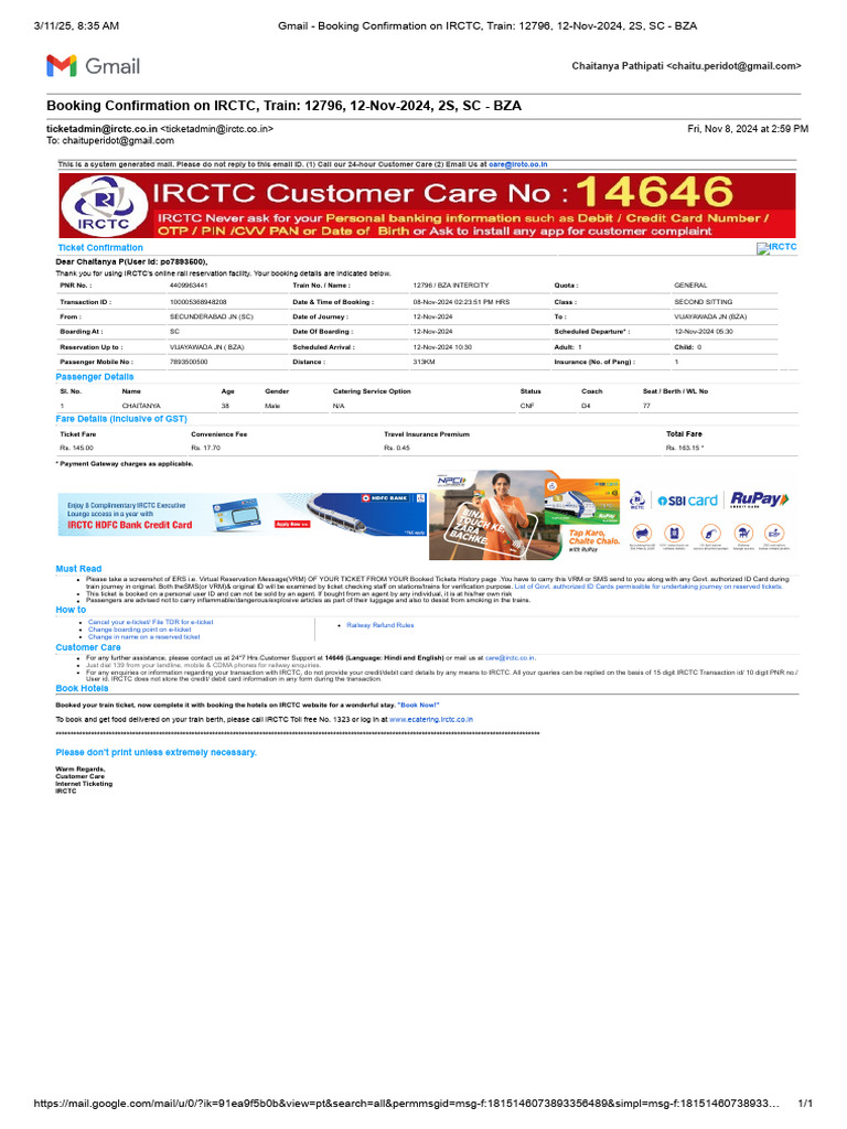 Gmail - Booking Confirmation on IRCTC, Train_ 12796, 24-Feb-2024, CC ...