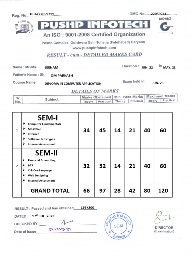Marksheet Dca 1 Year Jeenam | PDF