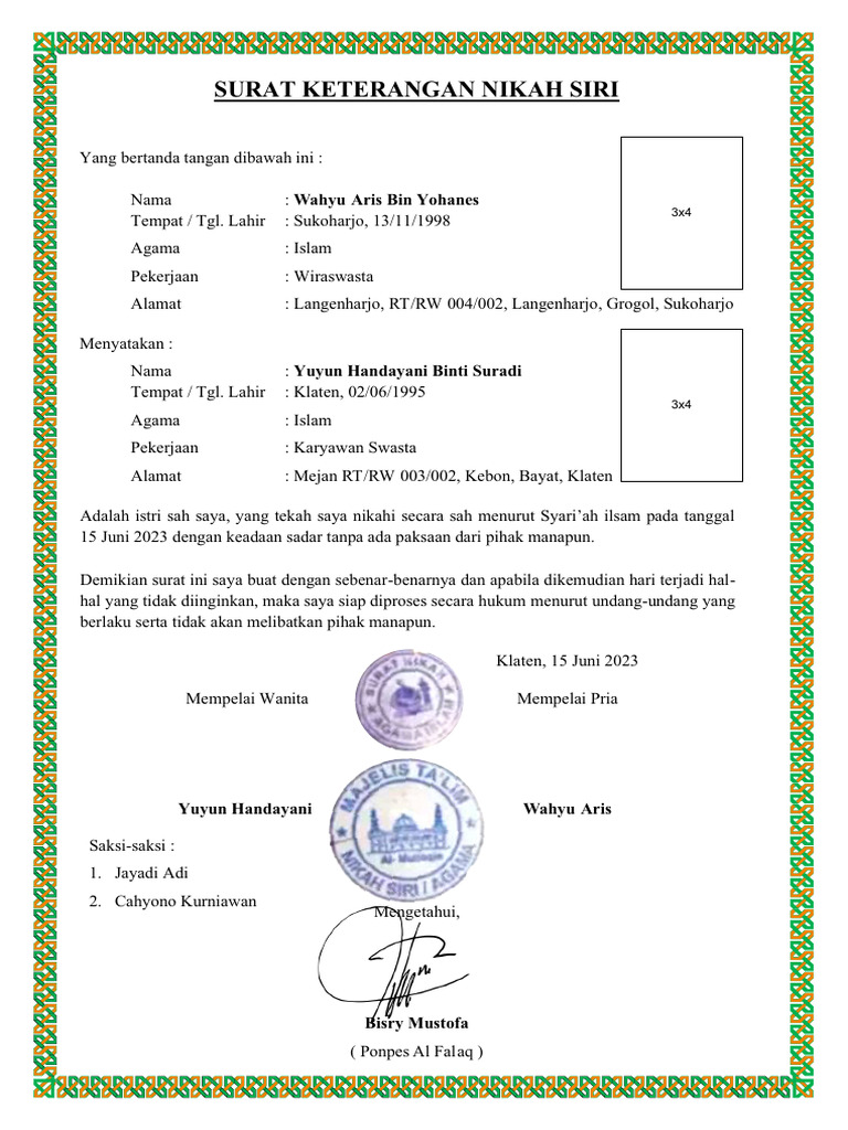 Surat Keterangan Nikah Siri | PDF