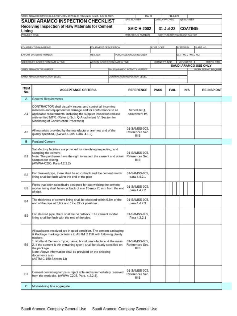 Saudi Aramco Inspection Checklist Guide | PDF | Cement | Building ...