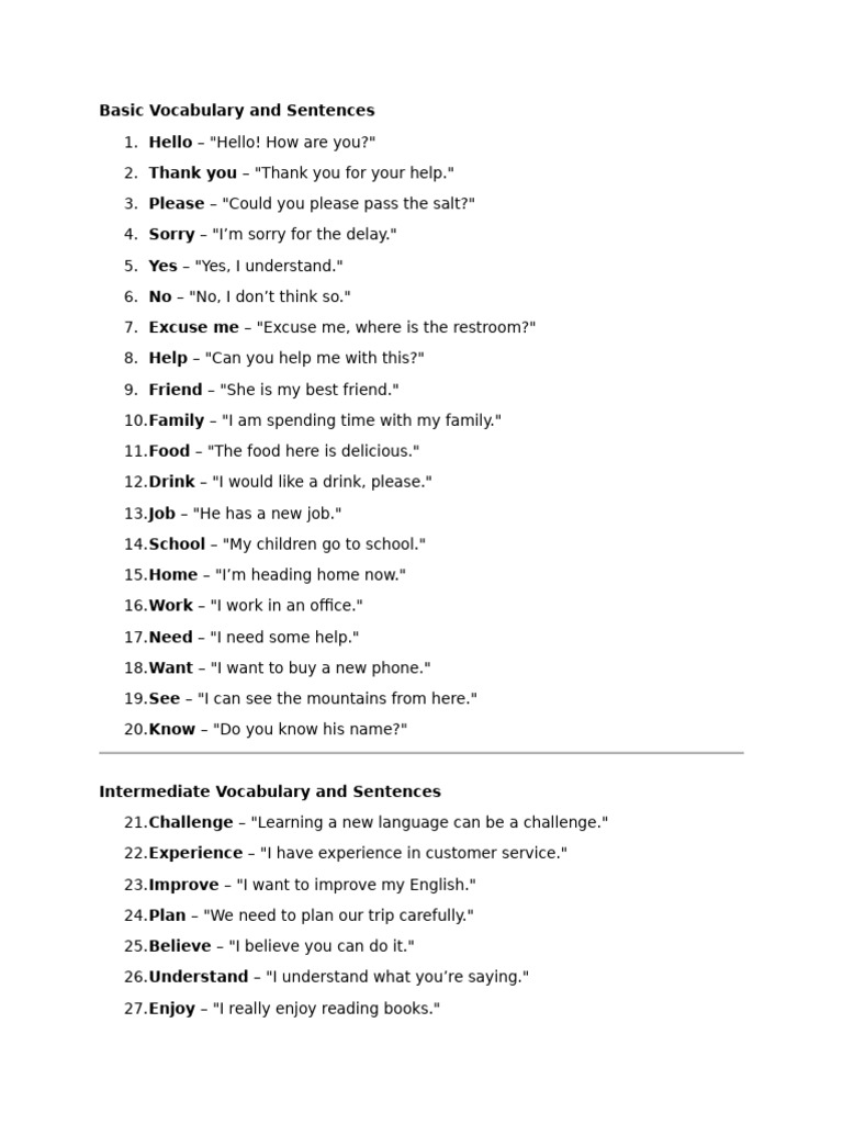 Basic Vocabulary and Sentences | PDF