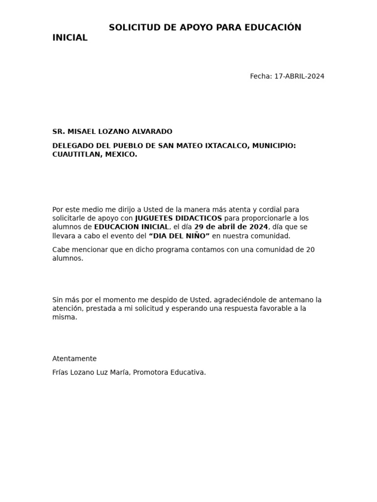 Solicitud de Apoyo | PDF