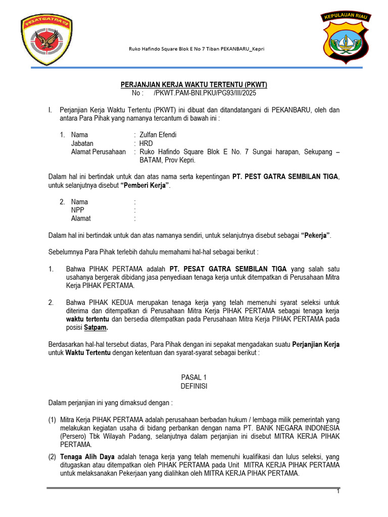 PKWT Satpam di PT Pesat Gatra | PDF