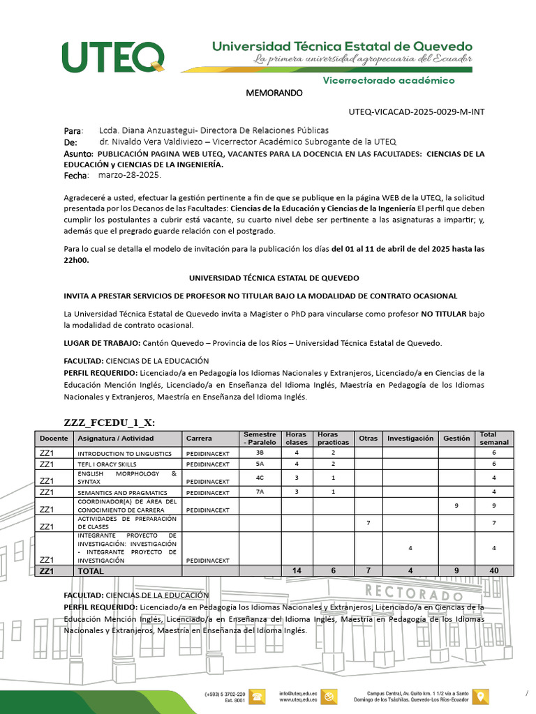 doc-contrato-ocasional-2025-uteq | PDF | Maestros | Sicología