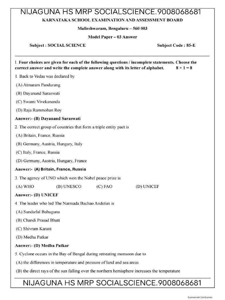 Social Model Paper Key Answer 3 and 4 English Medium by Nijaguna Hs 9008068681 | PDF