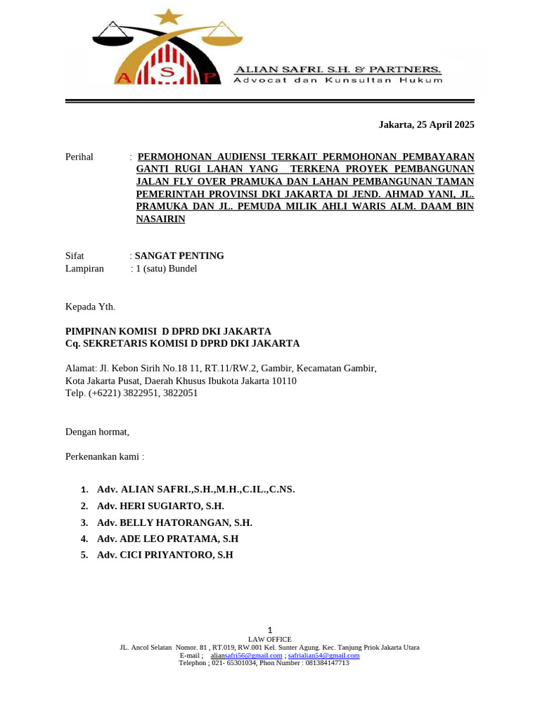 Draft Permohonan Audensi Dan Ganti Rugi Ke Komisi D DPRD Dkli 25 April 2025 | PDF