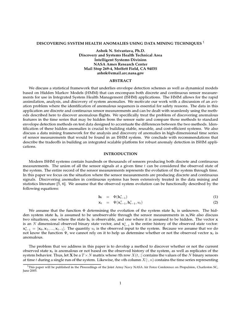 Discovering System Health Anomalies Using Data Mining Techniquesdiscovering System Health